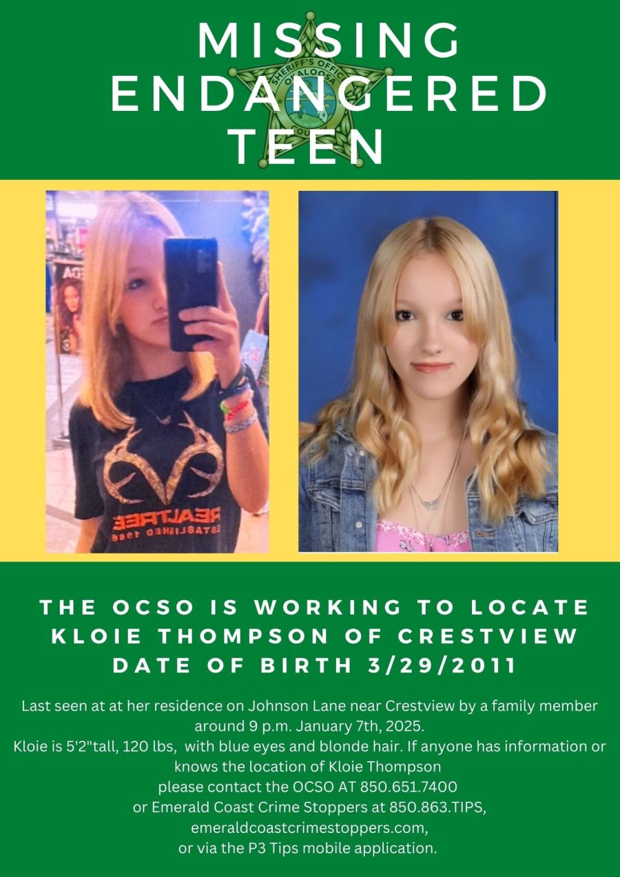 Kloie Thompson, 13, missing from Crestview, Florida, last seen January ...